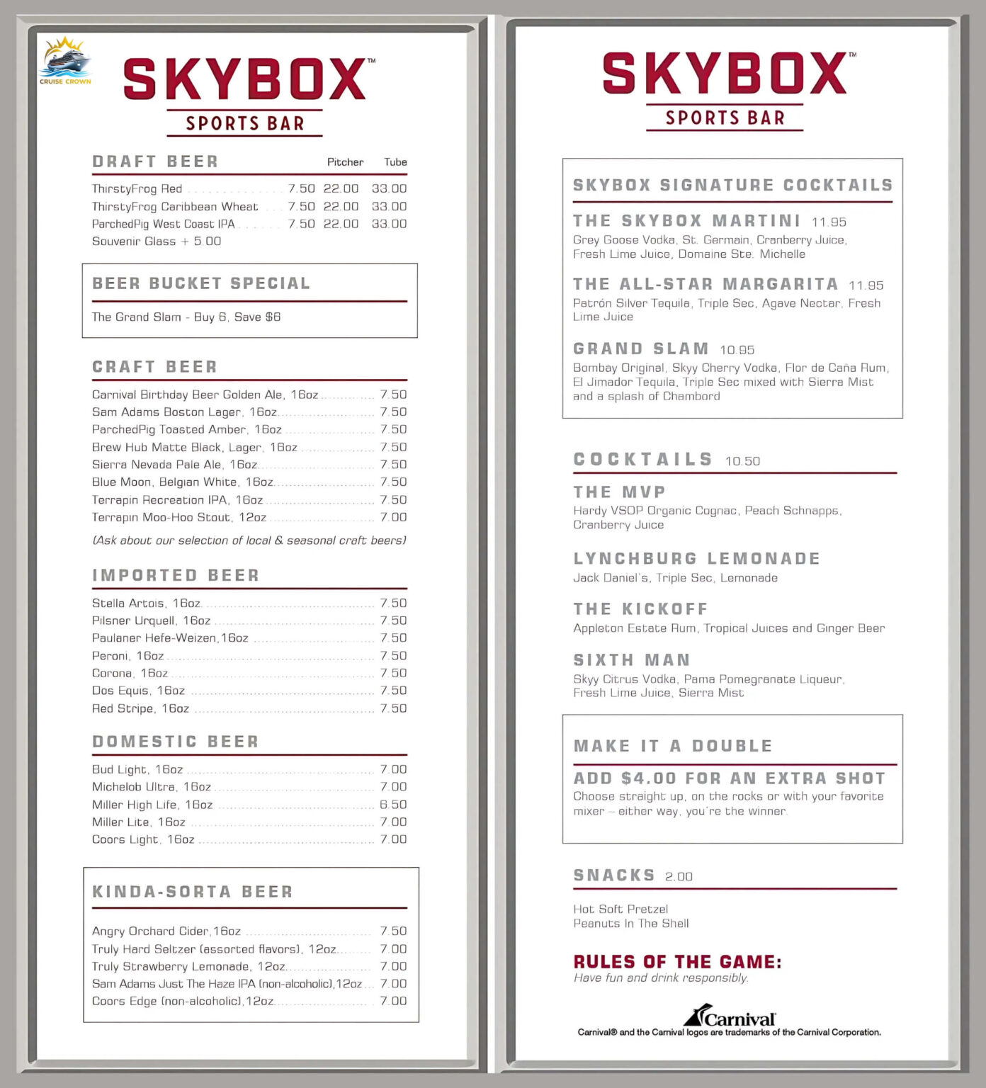 Carnival Cruise Drink Prices & Bar Menus for 2026