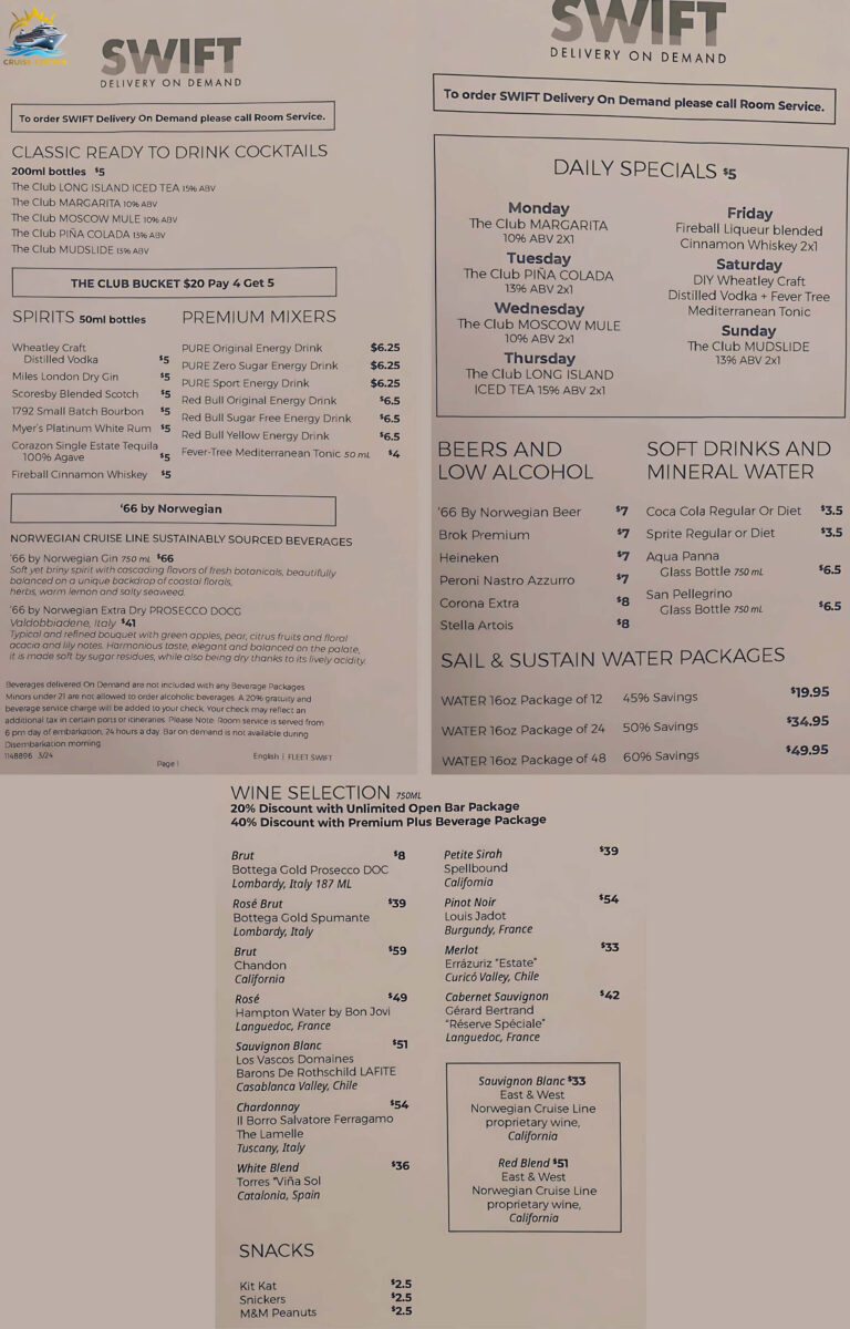 NCL Drink Menu 2026 with Prices for all Norwegian Ships