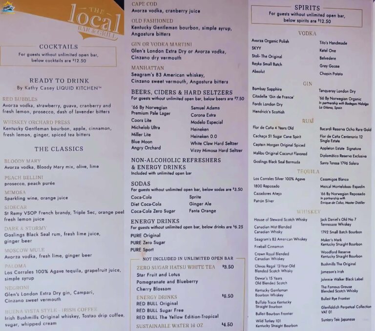 NCL Drink Menu 2025 with Prices for all Norwegian Ships