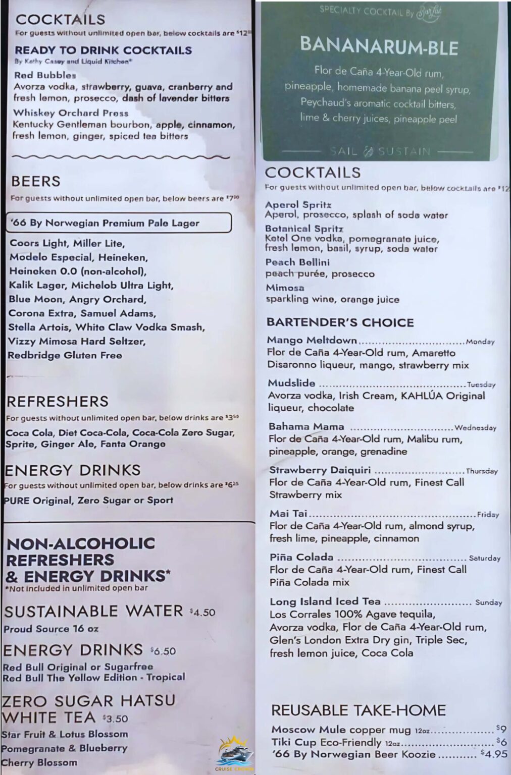 NCL Drink Menu 2025 with Prices for all Norwegian Ships