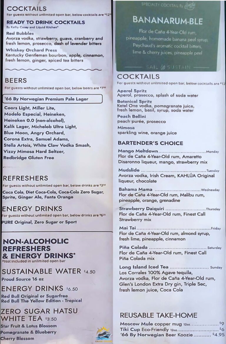 NCL Drink Menu 2025 with Prices for all Norwegian Ships