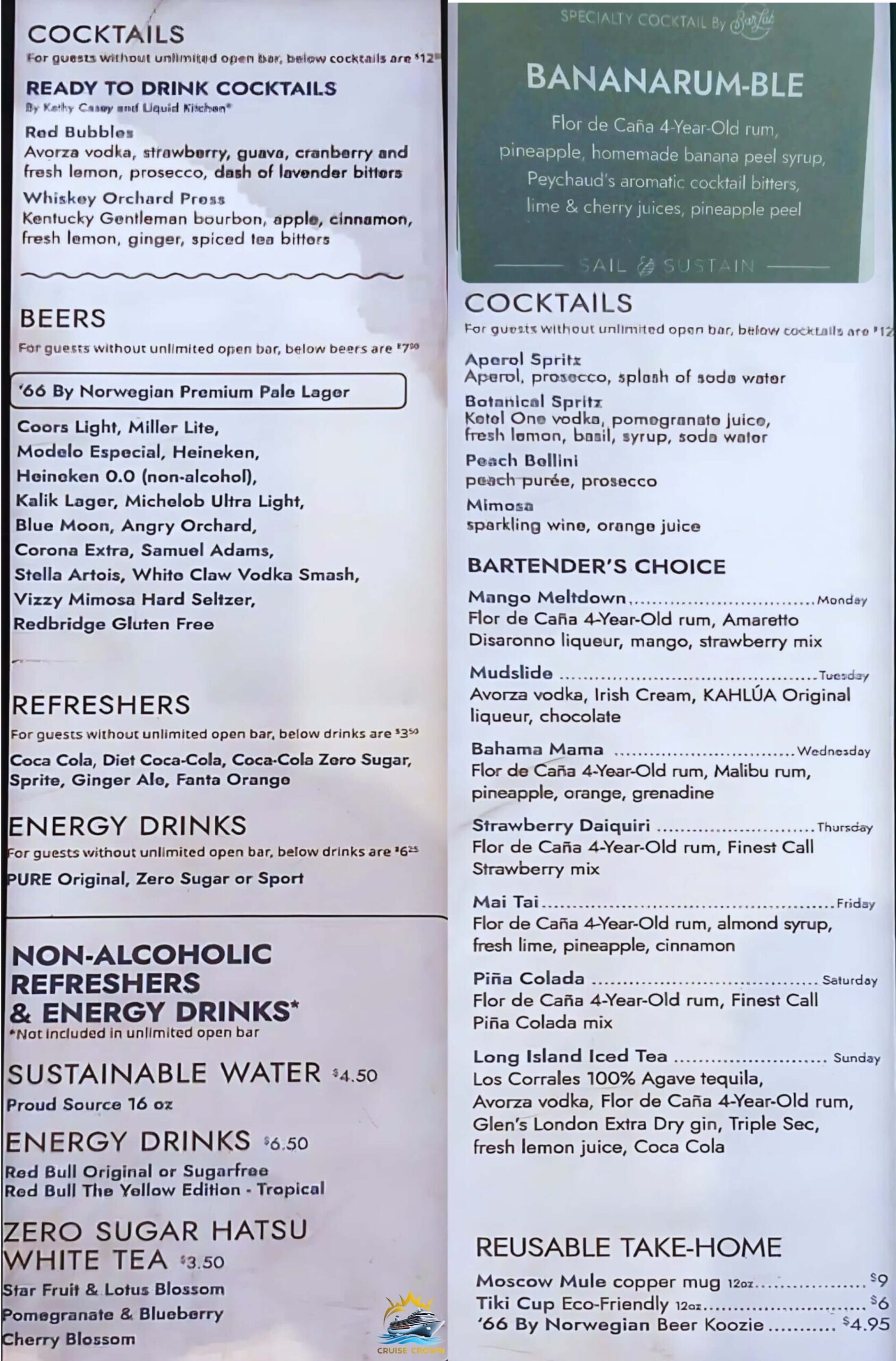 NCL Drink Menu 2025 with Prices for all Norwegian Ships