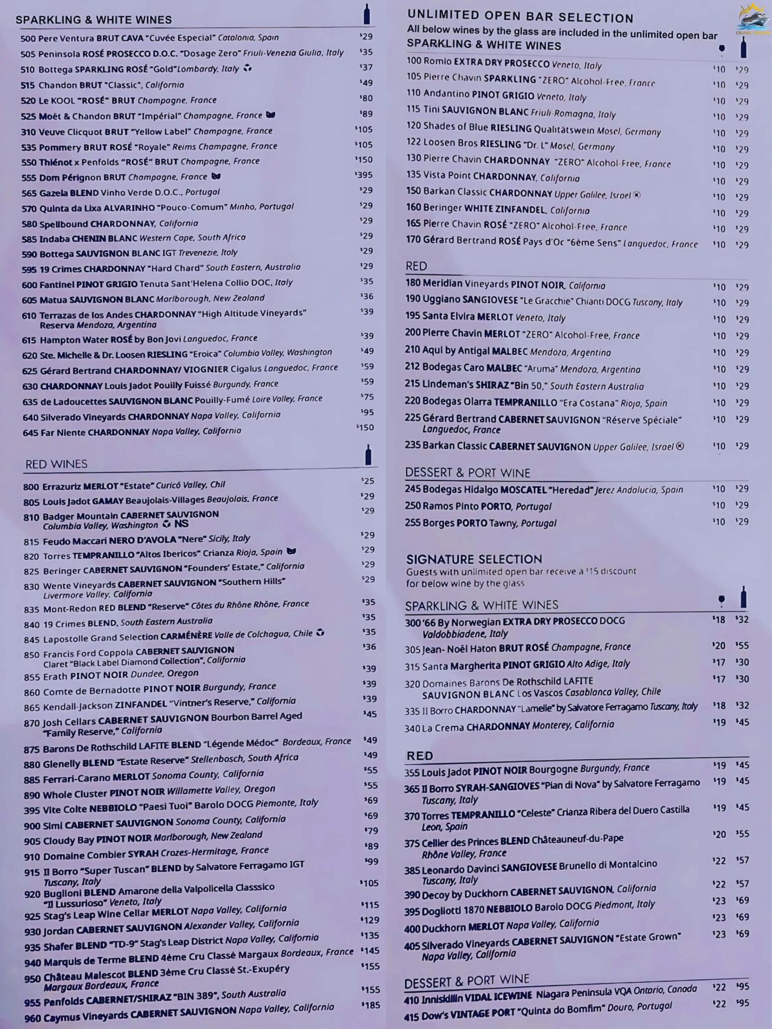 NCL Drink Menu 2025 with Prices for all Norwegian Ships